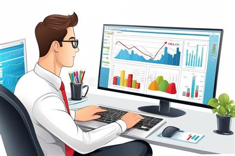 Illustration Of Business Man Using Computer With Graph And Charts