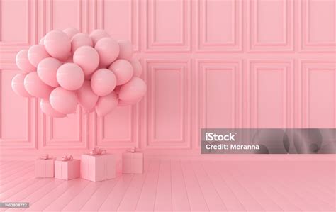 풍선이 잔뜩 있는 고전적인 내부 벽 선물 상자 몰딩 패널 나무 바닥 고전적인 처마 장식이있는 벽 3d 렌더링 파티 인테리어 모형 그림 핑크색 파티에 대한 스톡 사진 및 기타