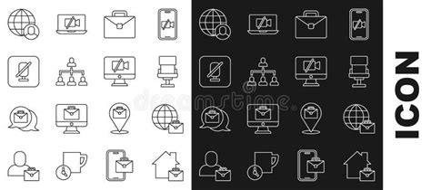 Set Line Online Working Office Chair Briefcase Hierarchy Organogram Chart Mute Microphone
