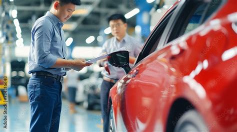 Generative AI Mechanic Show The Car Checking List For Customer With Blur His Assistant