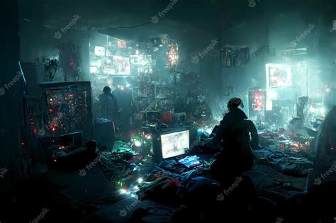 Premium Photo Messy Cyberpunk Hacker Hideoutwith Cyan Christmas