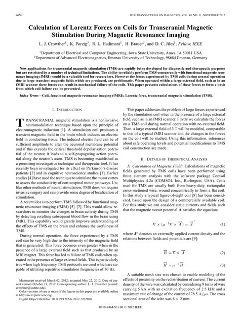Pdf Calculation Of Lorentz Forces On Coils For Transcranial Magnetic