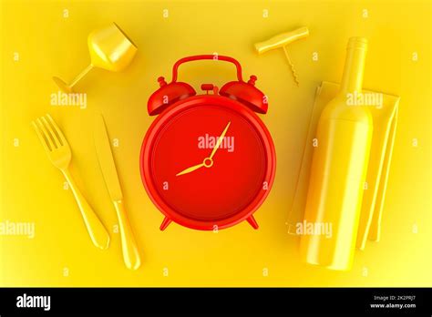 Table Setting With Red Alarm Clock Glass And Wine Bottle Top View 3d
