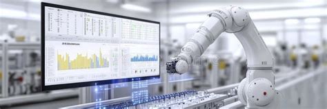 Robot Arm Analyzing Data On Digital Display Screen Stock Illustration