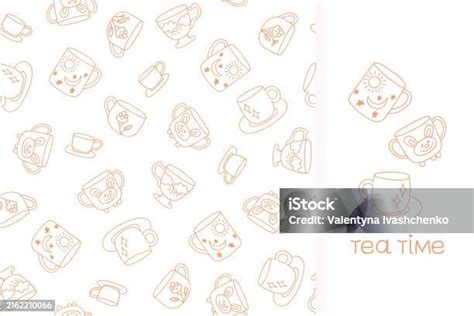 섬세한 라인 컵 낙서 매끄러운 패턴 및 클립 아트 흰색 배경에 커피와 차 머그잔으로 손으로 그린 귀여운 질감 차 애호가를 위한 모노크롬 프린트 디자인 0명에 대한 스톡 벡터