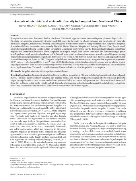 Pdf Analysis Of Microbial And Metabolic Diversity In Jiangshui From Northwest China