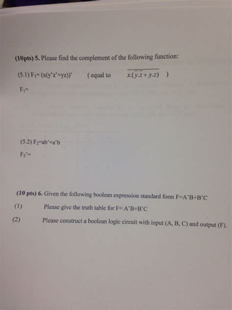 solved find the complement of the following function f 1
