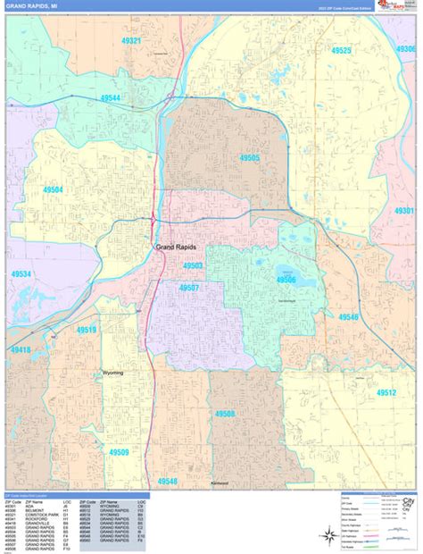Colorcast Zip Code Style Wall Map Of Grand Rapids Mi By Market Maps