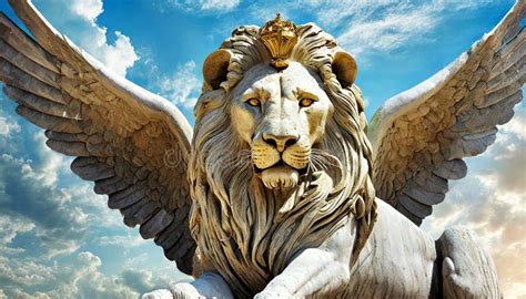 Statue Of The Winged Lion Of Saint Mark Against A Blue Sky With Clouds
