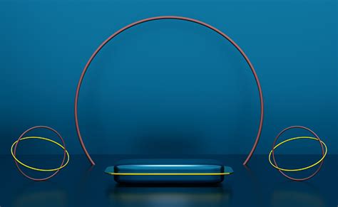 현대적인 무대 디스플레이 및 미니멀리스트 모형 추상 쇼케이스 배경 개념 3d 그림 또는 3d 렌더링을 위한 파란색 구성의 기하학적 모양이 있는 연단 비어 있습니다 0명에