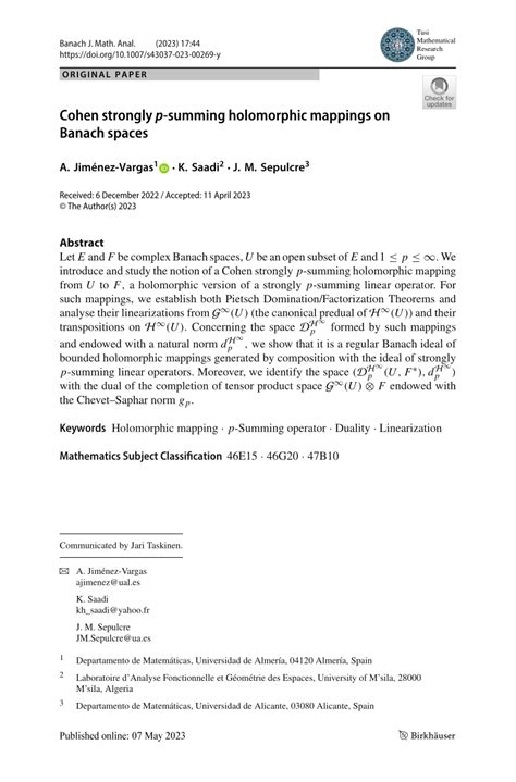 Pdf Cohen Strongly P Summing Holomorphic Mappings On Banach Spaces