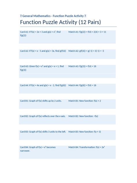 Function Puzzle Activity Designed Pdf
