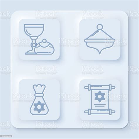 세트 라인 유대인 잔과 하누카 수프가니욧 하누카 드라이델 다윗의 별과 토라 두루마리가 있는 유대인 돈 가방 흰색 사각형 버튼입니다 벡터 0명에 대한 스톡 벡터 아트 및 기타