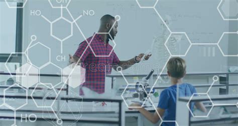 Animation Of Elemental Diagrams Over African American Male Teacher And Pupils In Science Class
