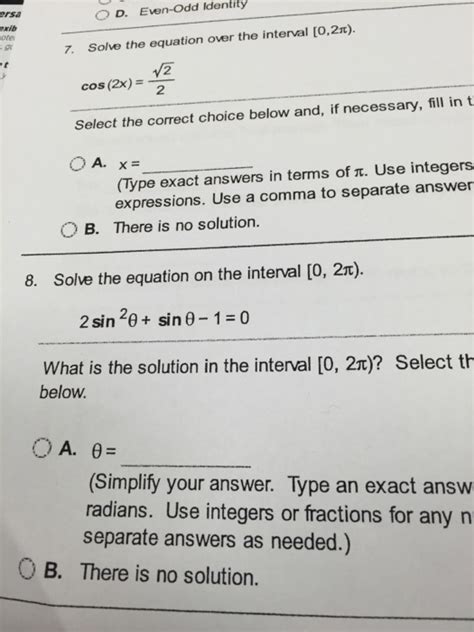 Solved Solve The Equation Over The Interval 02pi Cos