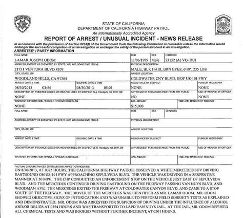 See The Full Chp Report Lamar Odoms 101 Freeway Arrest On Suspicion