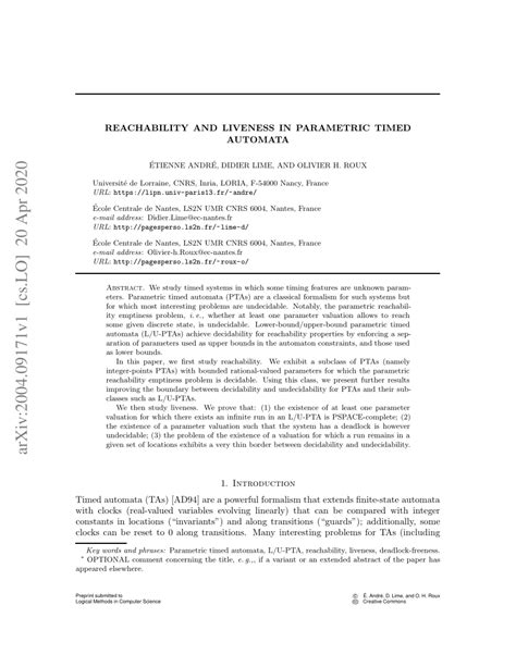 Pdf Reachability And Liveness In Parametric Timed Automata