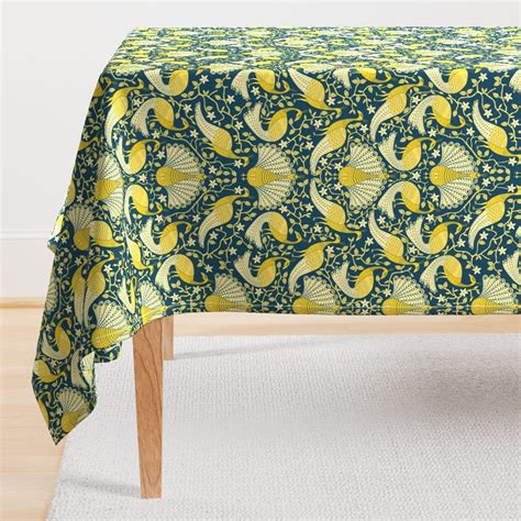 Art Deco Tablecloth Peacock Damask By Foxandshrewco Golden Yellow Teal
