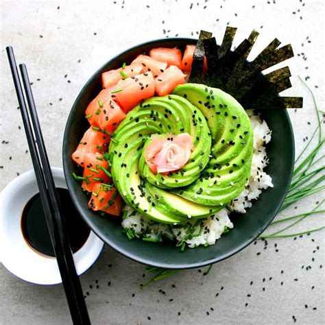 Sushi Bowl With Salmon Sushi Rice Nori Avocado Pickled Ginger Soy
