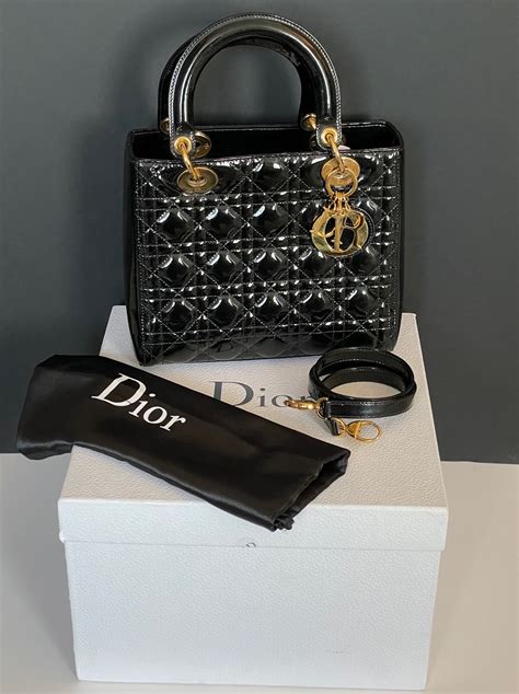 Christian Dior Medium Lady Dior Bag Black Patent Cannage Calfskin Wbox