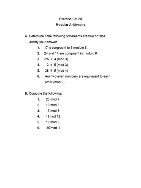 Exercise Set 20 Modular Arithmetic Pdf