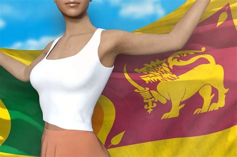 밝은 치마에 아름 다운 여자는 흐린 하늘 배경 플래그 개념 3d 그림에 그녀의 뒤에 손에 스리랑카 국기를 보유 3차원 형태에 대한 스톡 사진 및 기타 이미지 Istock