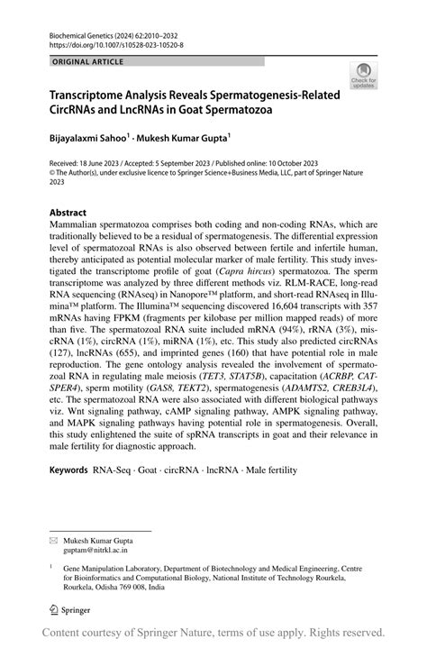 Transcriptome Analysis Reveals Spermatogenesis Related Circrnas And Lncrnas In Goat Spermatozoa