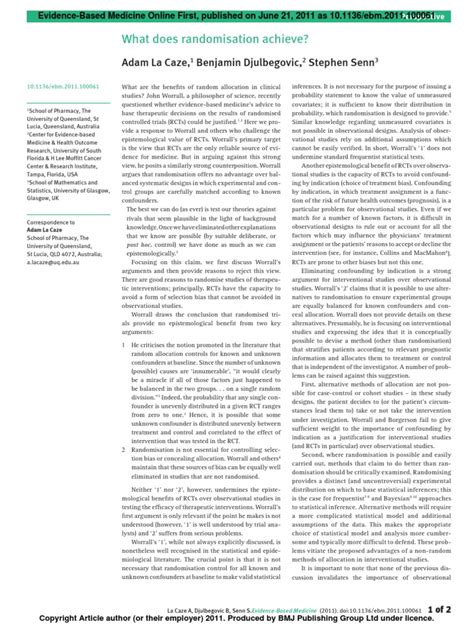 What Does Randomisation Achieve Adam La Caze Benjamin Djulbegovic