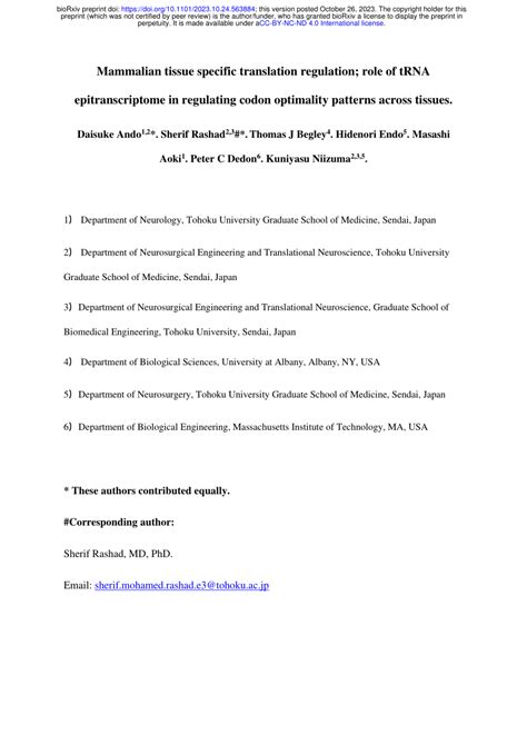 Pdf Mammalian Tissue Specific Translation Regulation Role Of Trna Epitranscriptome In