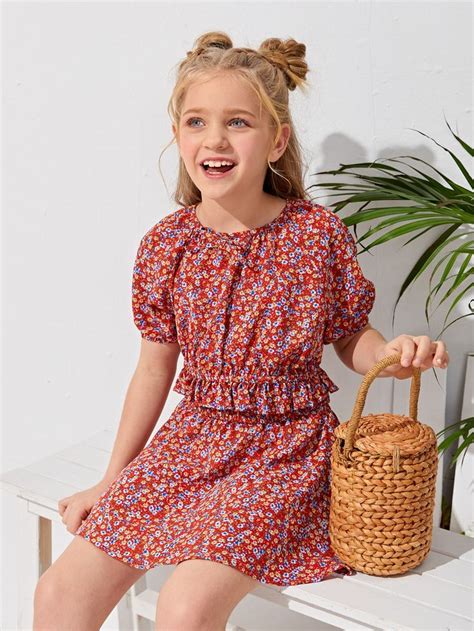 Girls Ditsy Floral Knot Front Ruffle Hem Top And Shirred Skirt Set Teen