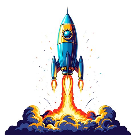 A Cartoon Rocket Launching With Flames And Smoke Isolated On