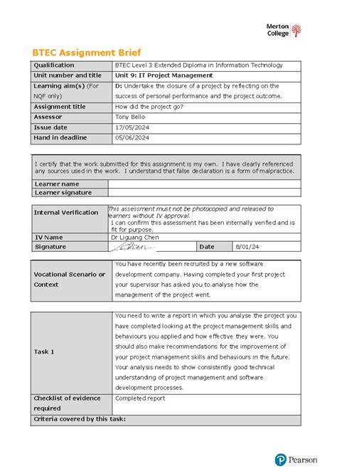 Unit 9 Assignment 3 Brief For Learning Aim D It Project Management 2023