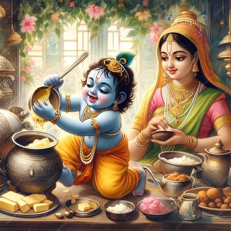 Watercolor Lord Krishna Gopal With Butter Pot Image For Janmashtami Premium Ai Generated Image
