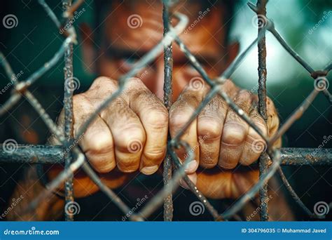 Captive Existence Man Imprisoned Behind Bars Symbolizing Confinement