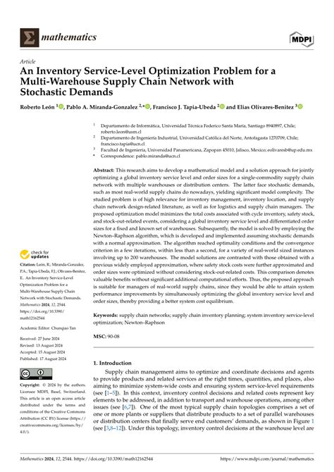 Pdf An Inventory Service Level Optimization Problem For A Multi Warehouse Supply Chain Network