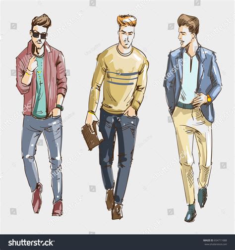 Young Stylish Men Hand Drawn Casual Stock Illustration 654711688
