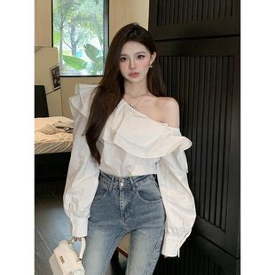 法式荷叶边露肩衬衫女装春季白色套头设计感衬衣气质短款上衣 阿里巴巴