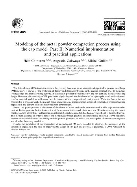 Pdf Modeling Of The Metal Powder Compaction Process Using The Cap Model Part Ii Numerical