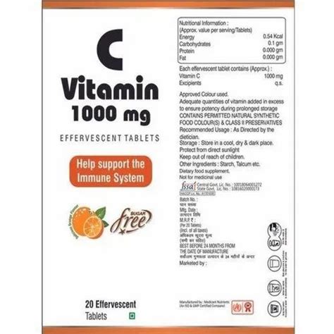Sugar Free Vitamin C Ascorbic Acid 1000 Mg Effervescent Tablets
