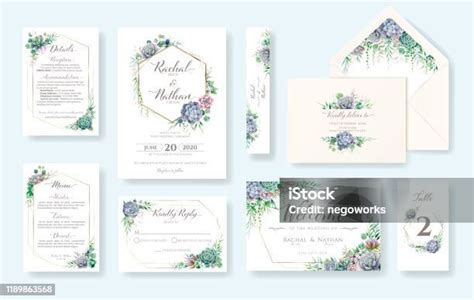 녹지 결혼식 초대 장카드 초대장 Rsvp 세부 정보 감사합니다 테이블 번호 메뉴 봉투 주소 템플릿의 집합입니다 즙이 많은 잎 녹색에 대한 스톡 벡터 아트 및 기타 이미지