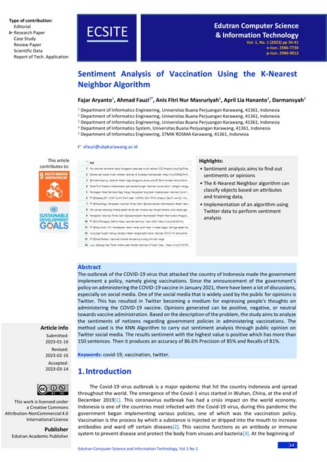 Pdf Sentiment Analysis Of Vaccination Using The K Nearest Neighbor