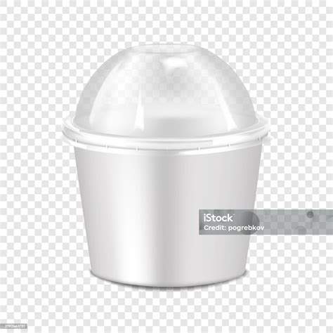 투명한 플라스틱 돔 뚜껑이 있는 흰색 종이컵 3d 모형 일회용 판지 테이크 아웃 식품 원형 용기 사실적인 벡터 모형 테이크아웃 그릇 포장 디자인용 템플릿 0명에 대한 스톡