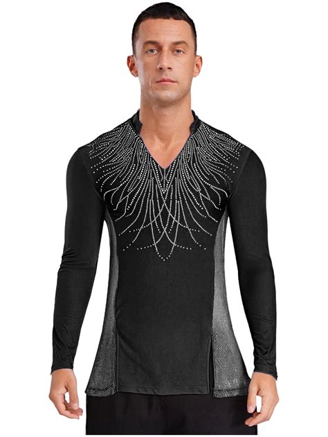 Doomiva Mens Latin Ballet Dance Top Glittery Rhinestones Lapel V Neck