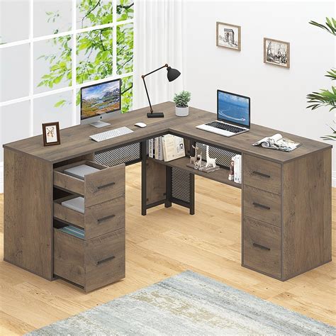 Hsh Large Rustic L Shaped Computer Desk With Storage