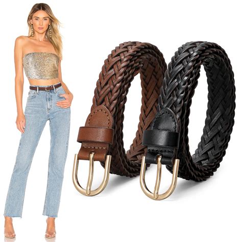 Jasgood 2 Pack Women Skinny Leather Belts Thin Braided Leather Belts Casual Woven Waist Belt For