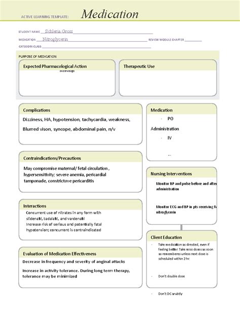 Nitroglycerin Medication Template Student Name Schleria Gross
