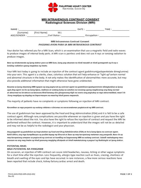 Mri Intravenous Contrast Consent Pdf Magnetic Resonance Imaging