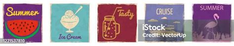 세트 메이슨 항아리 아이스크림 콘 컵 수박 슬라이스 빈티지 카드 포스터입니다 텍스트 여름 텍스처 그런 지 효과 복고풍 카드 벡터 일러스트 실루엣 분리 과일에 대한 스톡 벡터