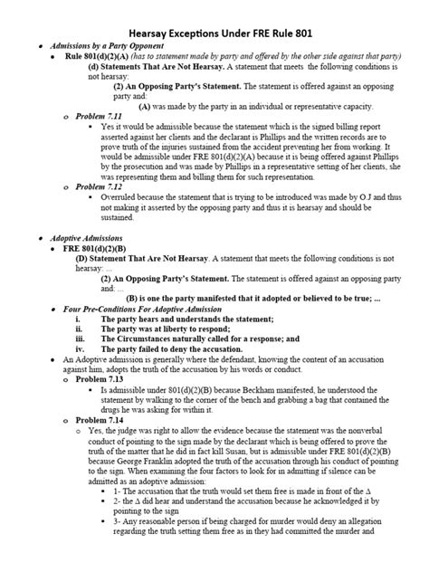 Hearsay Exceptions Under Fre 801 Pdf Hearsay Hearsay In United States Law