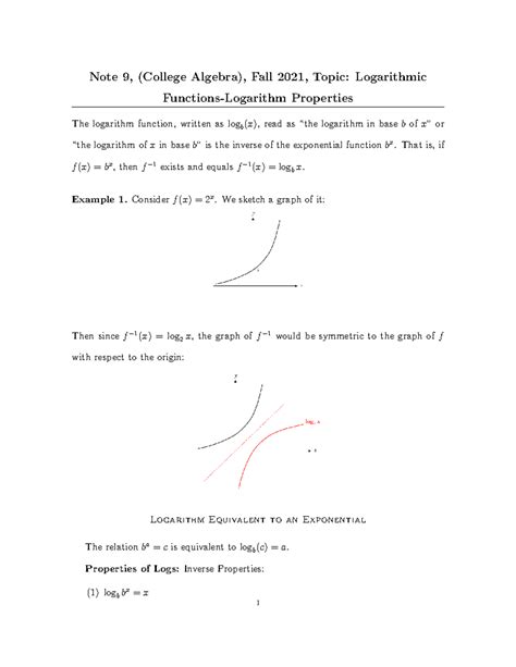 Note9 Logarithmic Functions Logarithm Properties Note 9 College